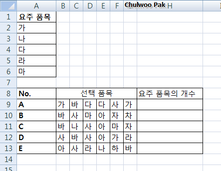 CaN (Computer & Network) Tips :: [MS Excel] 각 장바구니에 우리 회사 물건들이 몇 개 들어가 있는지 확인하기